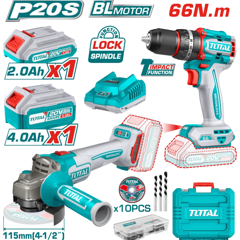 TOTAL 20V Cordless Angle Grinder & Impact Drill Combo CKLI2027310 ...